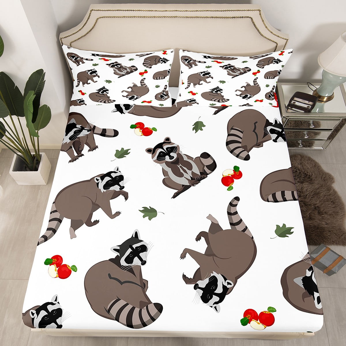 Raccoon Twin Bed Sheets for Boys Kids Child,Red Apple Bedding Set Fruit ...
