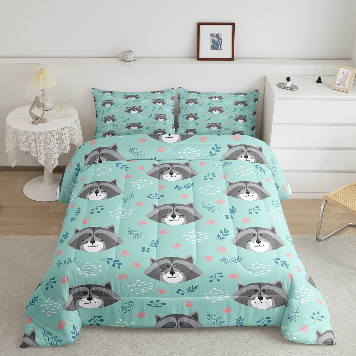 Raccoon Twin Bedding Set for Boys Kids Child,Cute Paw Print Quilt ...