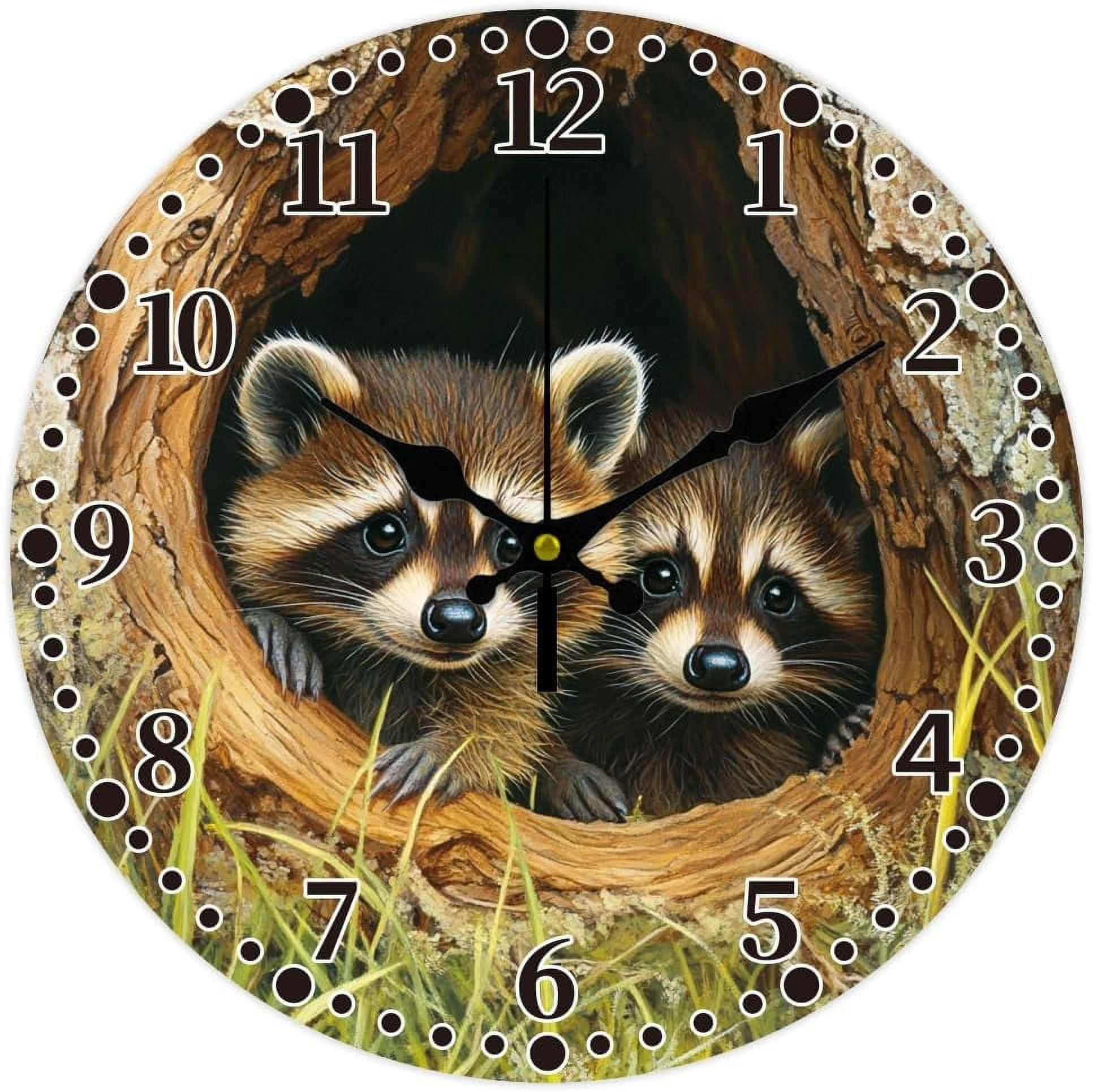 Raccoon Wall Clock 12 Inch Battery Operated Wall Clocks Tree Hole Non ...