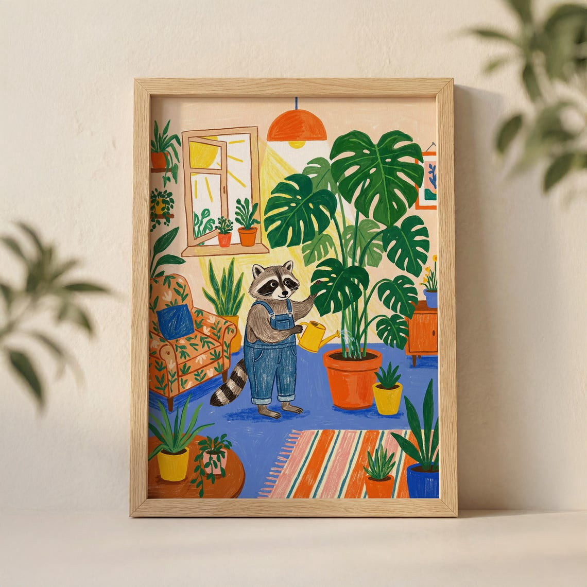 Raccoon Watering Plant Colorful Indoor Jungle Illustration with ...