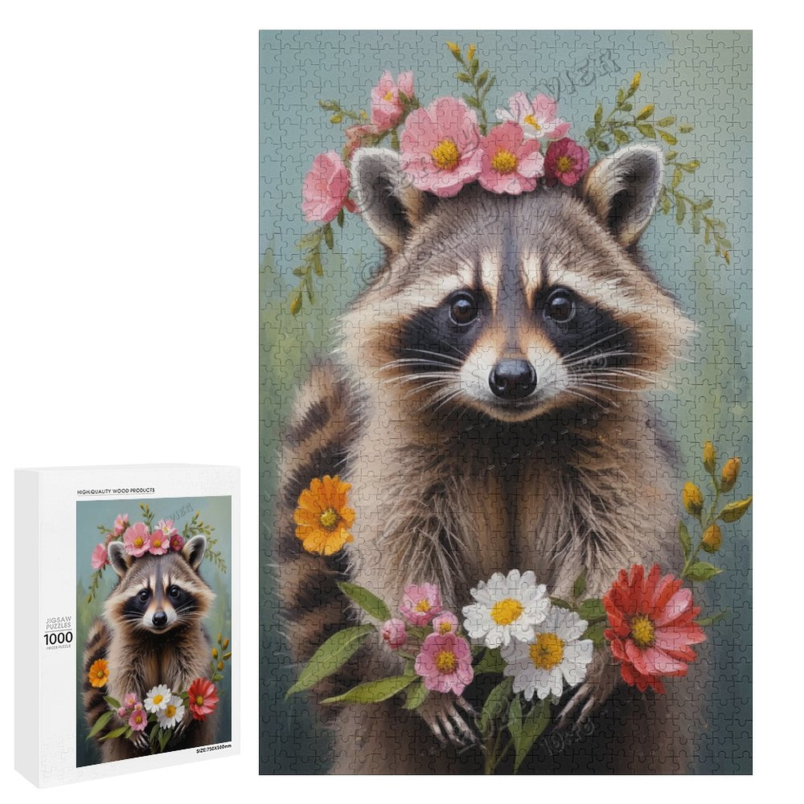 Raccoon With Flower Oil Painting 1000-Piece Jigsaw Puzzle for Adults ...