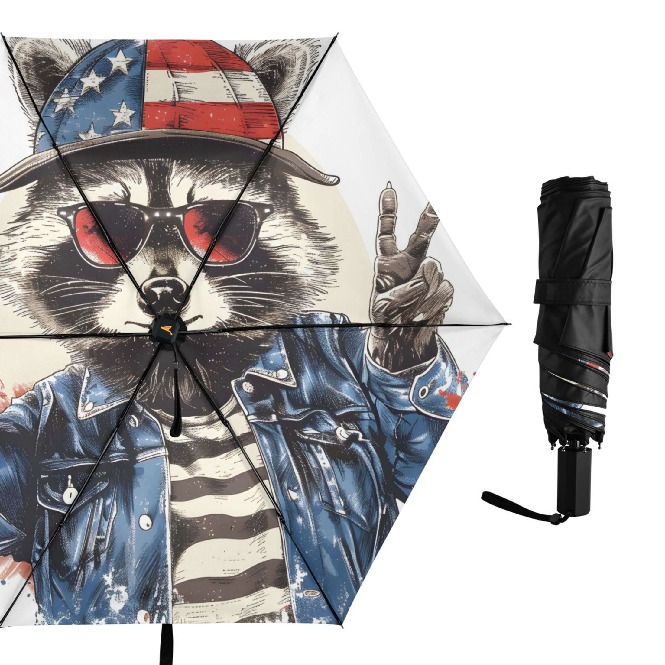 Raccoon with American Flag Hat Sunglass Triple Folding Umbrella Parasol ...