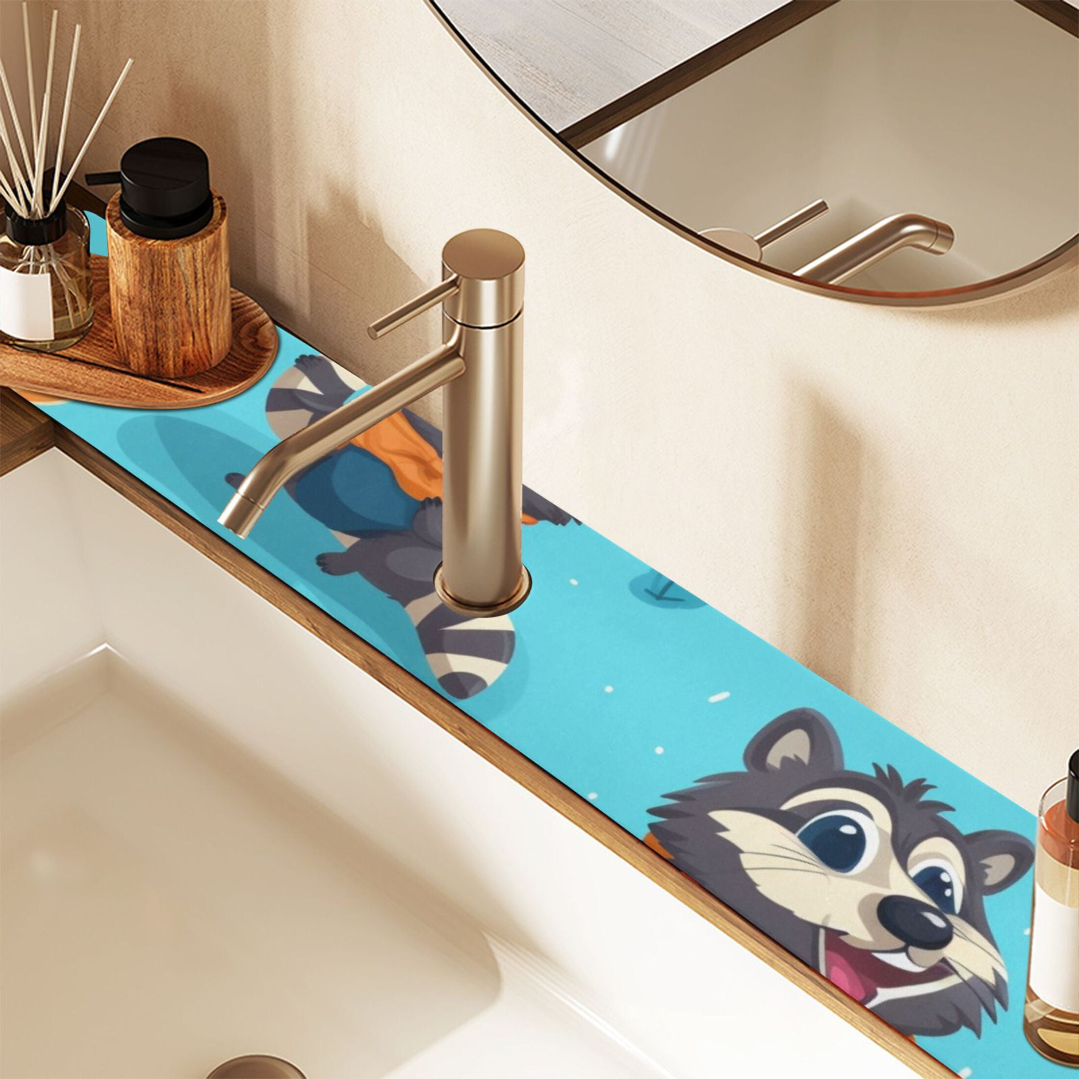 Raccoon with Scarf Sink Splash Guard Faucet Drying Mat 30"x5.4 ...