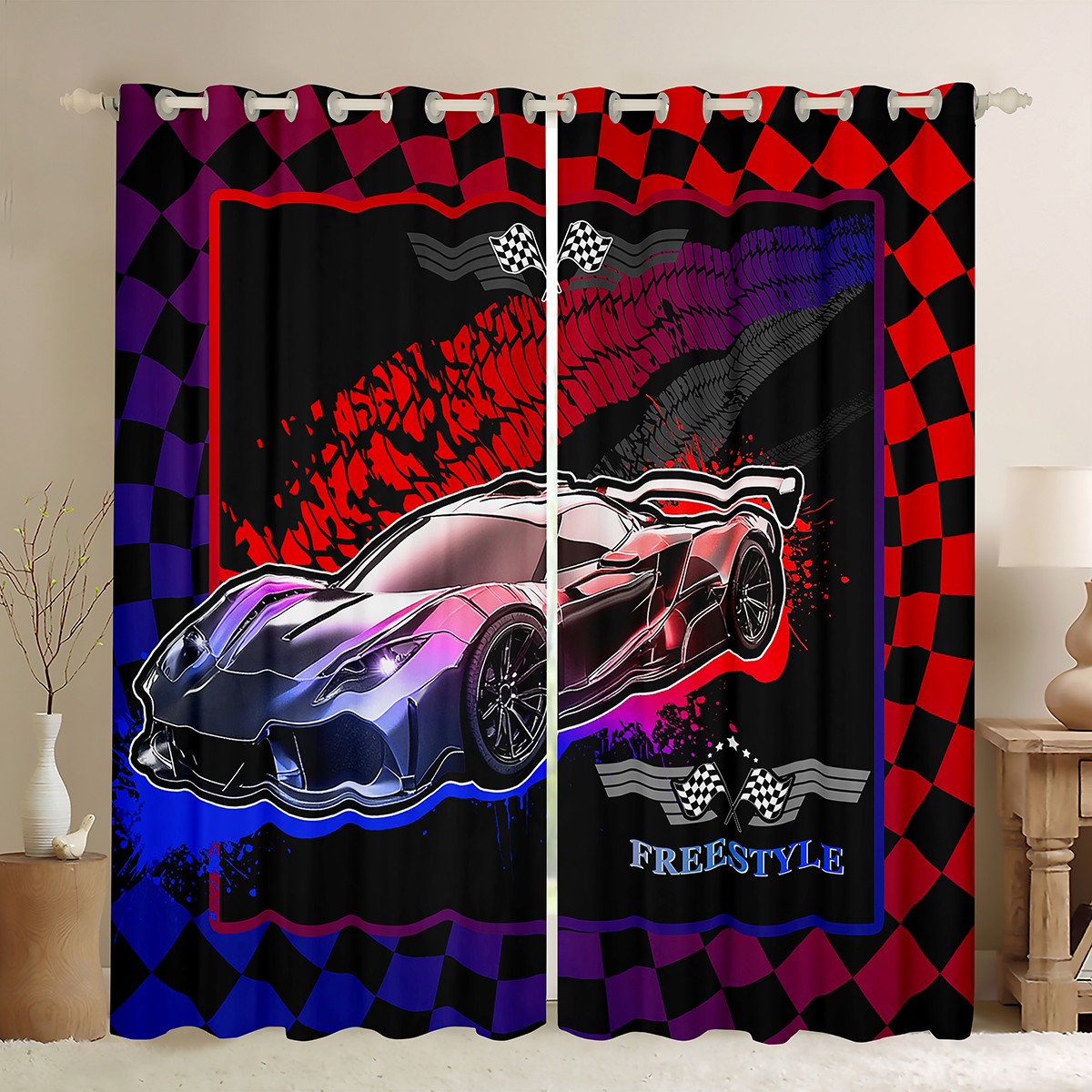 Race Car 42"Wx84"L 30%-50% Blackout Curtains Racing Car Window Curtains ...