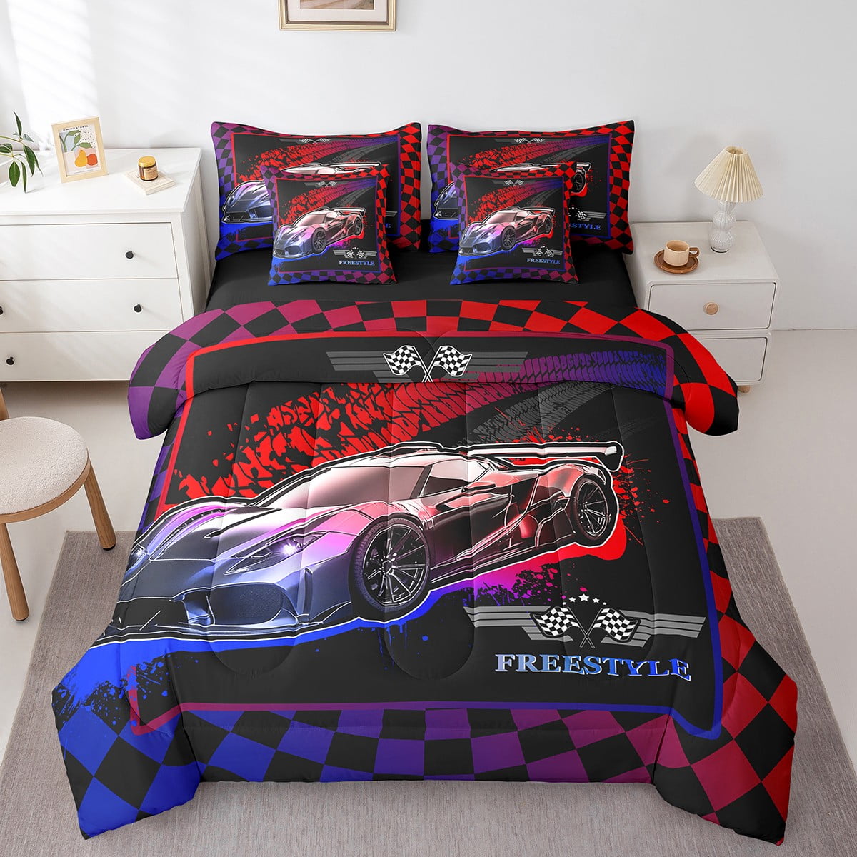 Race Car 7 Piece Full Comforter Set Racing Car Bedding Set Black Red ...
