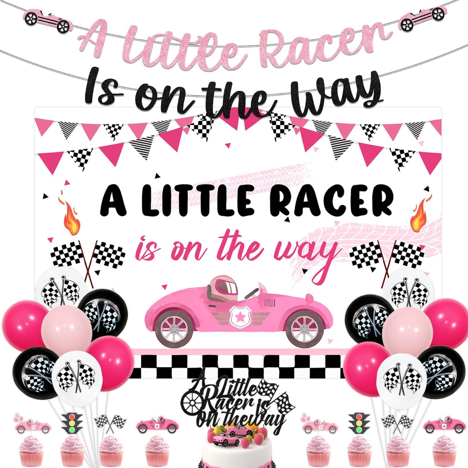 Race Car Baby Shower STF9 Decorations, A Little Racer the Way Backdrop ...