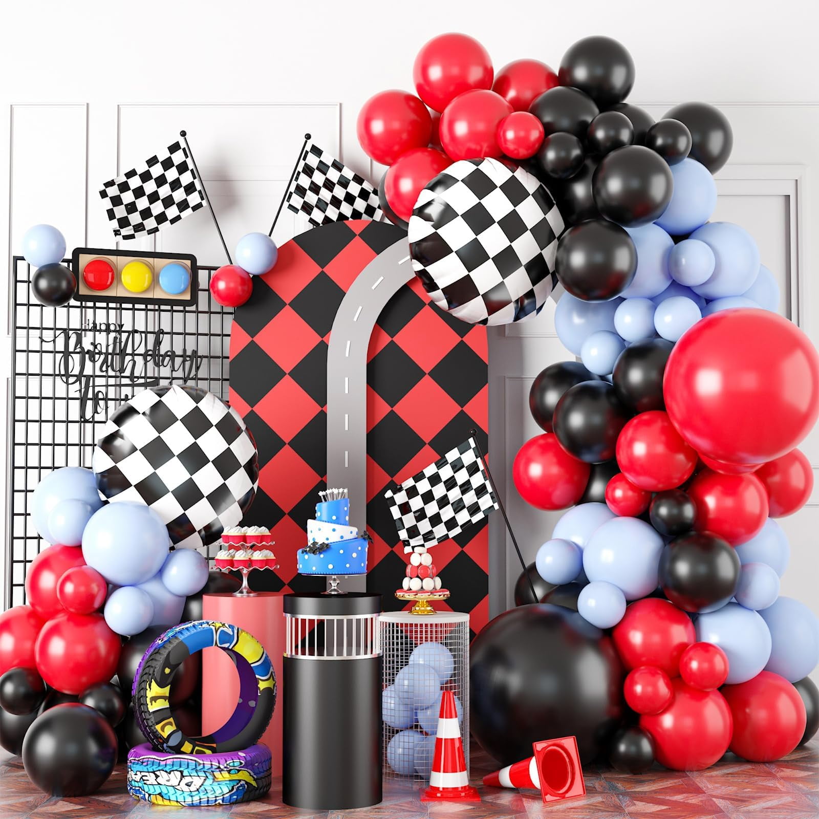 Race Car Balloon Garland Arch Kit, AFN1Red Blue Black Balloons ...