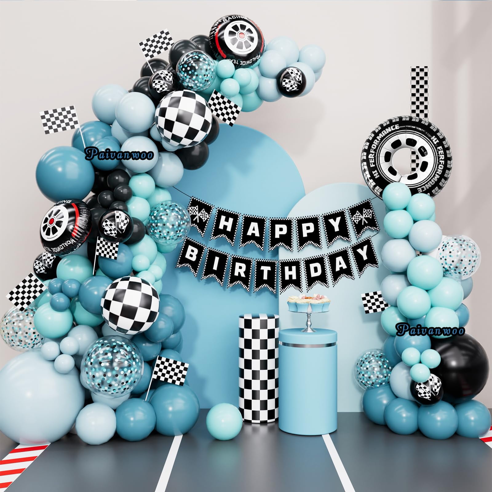 Race Car Balloon Garland Arch Kit KKS1 145Pcs Dusty Blue Black Balloons ...