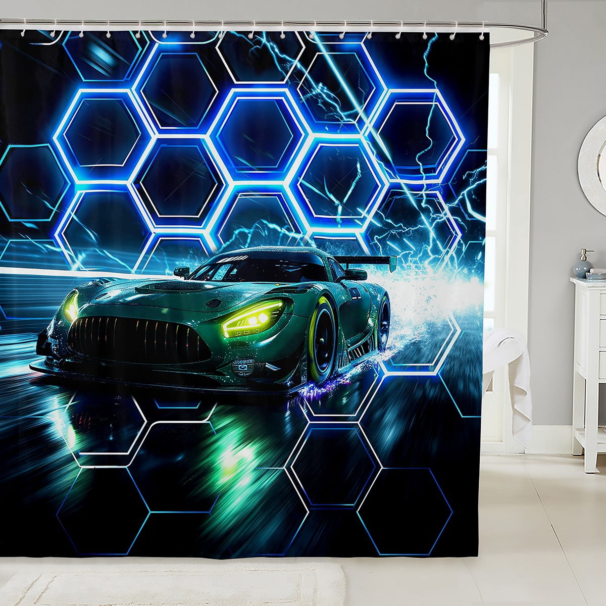 Race Car Bathroom Set,Sports Car Racing Shower Curtain Set Men,Blue ...