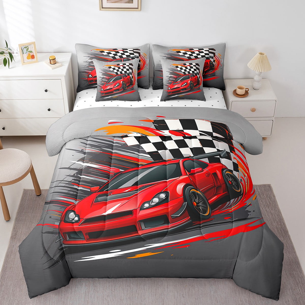 Race Car Bed in a Bag 7 Piece,Red Sports Car Bedding Sets Geometric ...