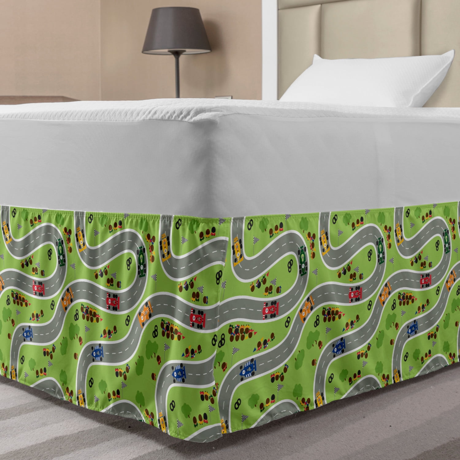 Race Car Bed Skirt, Pattern of a Racing Map Road Overview with People ...