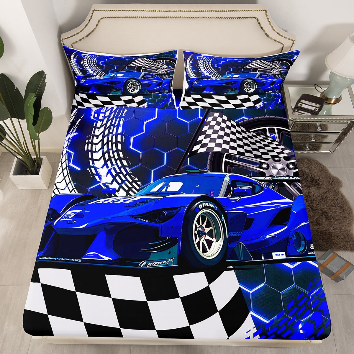 Race Car Bed Sheets Glitter Honeycomb Fitted Sheet Blue Neon Lights ...