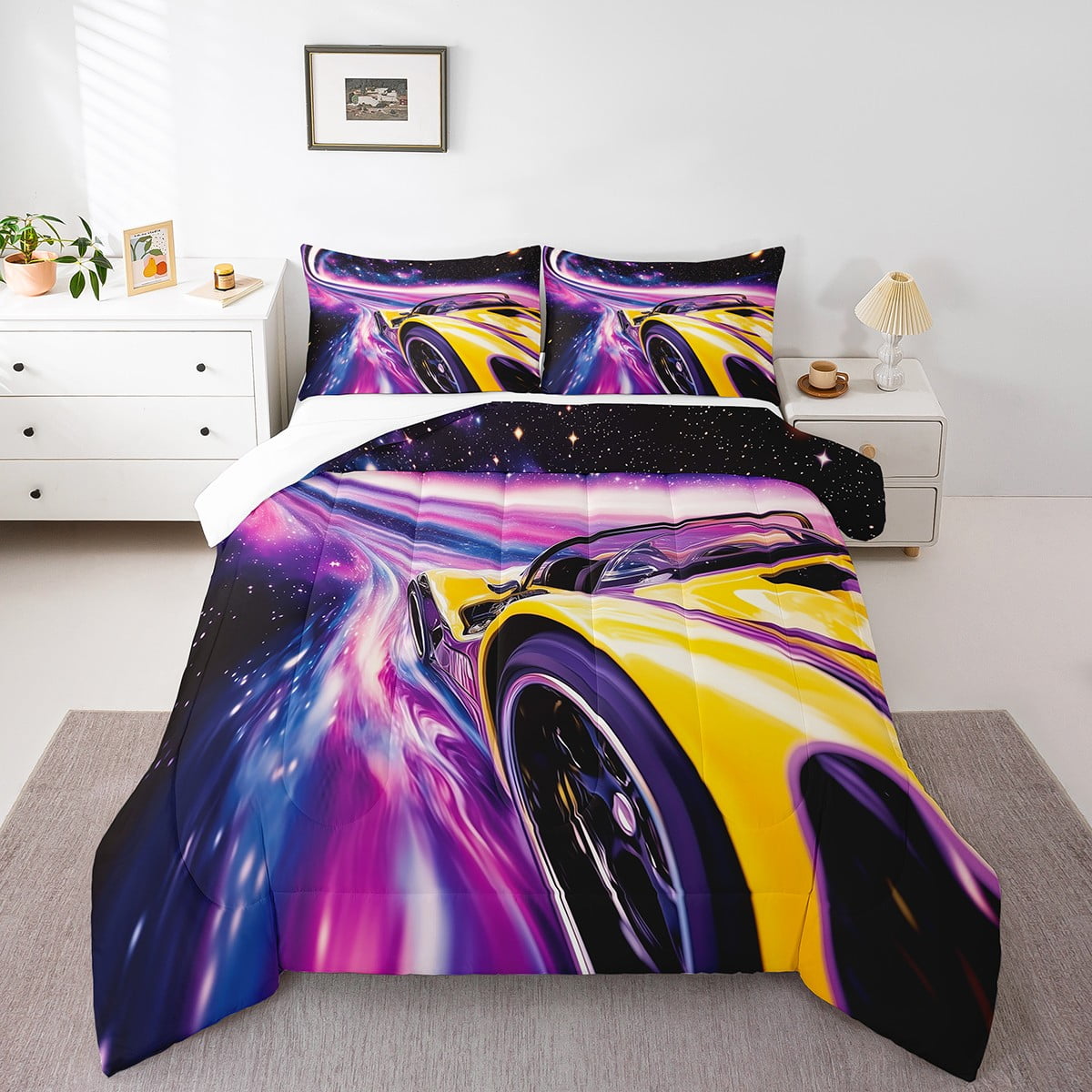 Race Car Bedding Set,3D Print Yellow Racing Car Queen Comforter Set ...