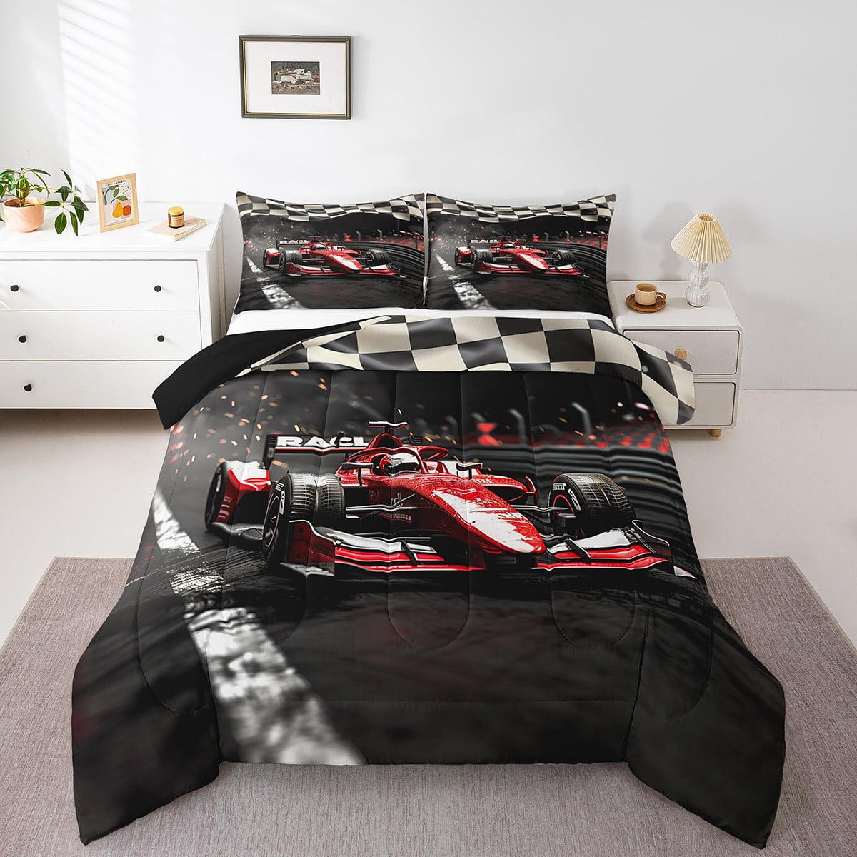 Race Car Bedding Set Queen Size,Red Racing Car Comforter Set Men Room ...