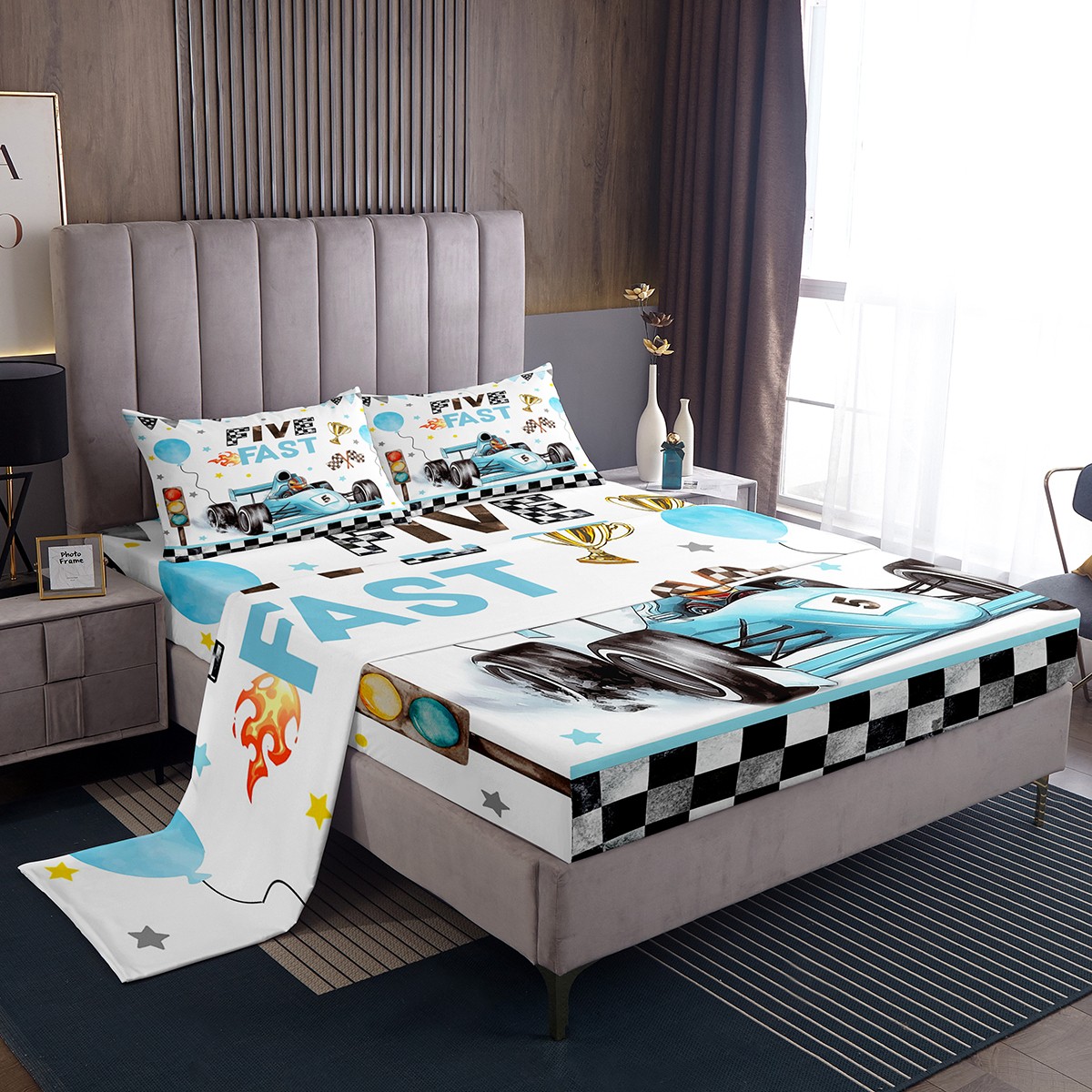 Race Car Birthday Balloons Decorations Bed Sheets Set, Racetrack Black ...