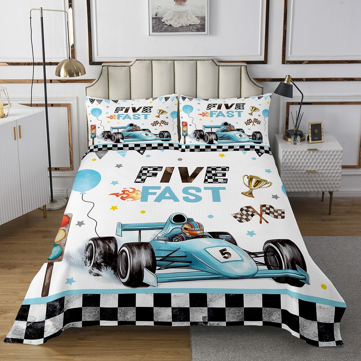 Race Car Birthday Balloons Decorations Quilt Set, Racetrack Black ...