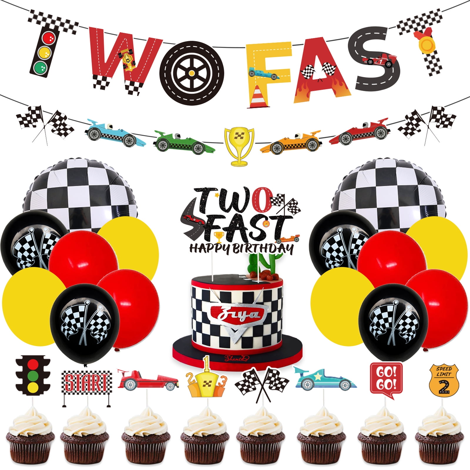 Walmart Race Car Birthday Decoration Set with Banner, Cake Topper ...