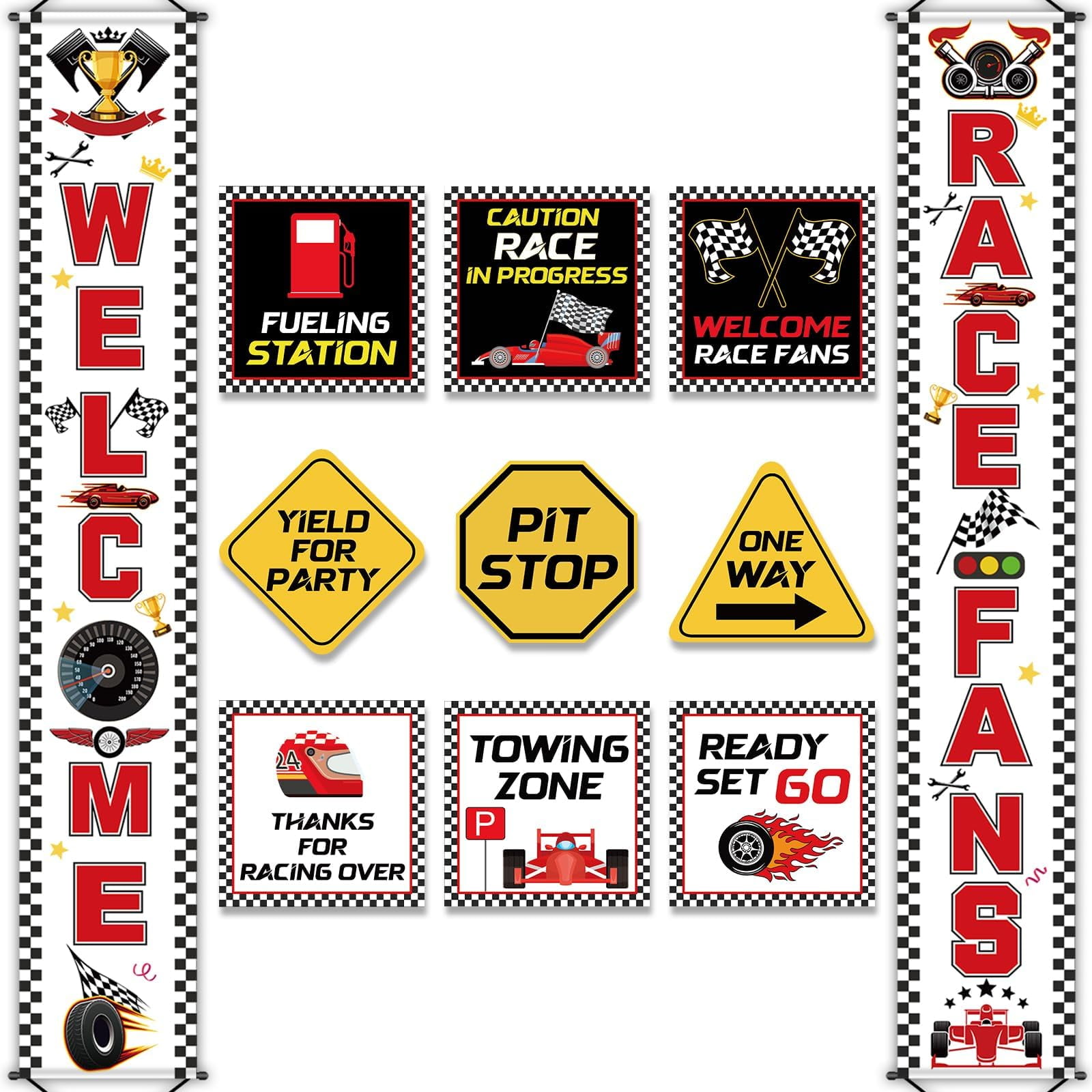 Race Car BirthdayTRDN Banner Checkered Flags 9 Cars Signs for Car ...