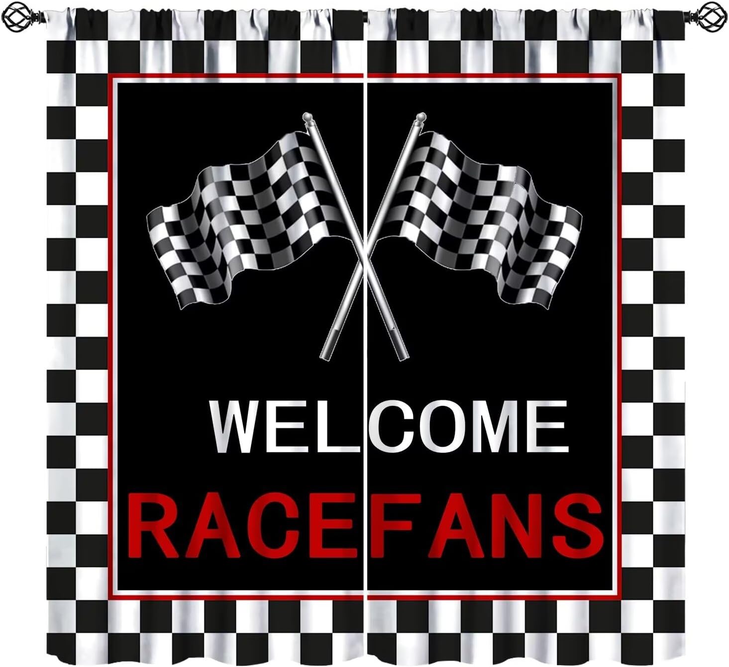 Race Car Blackout Curtains Cool Extreme Sports Black White Checked Flag ...