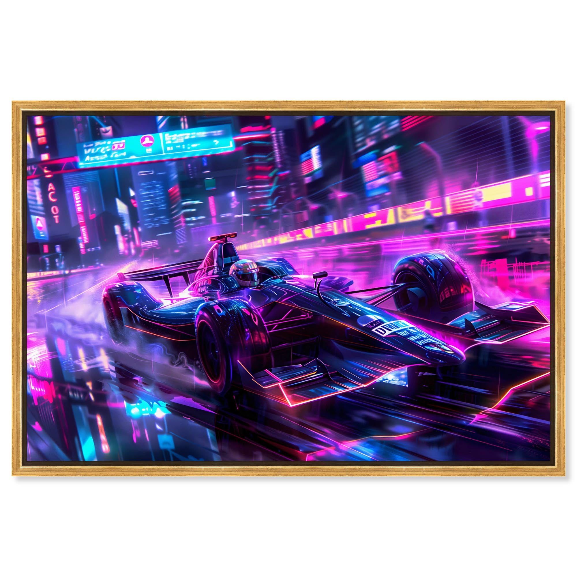 Race Car City Driving Canvas Neon Art Prints by Art Remedy, Gold Frame ...