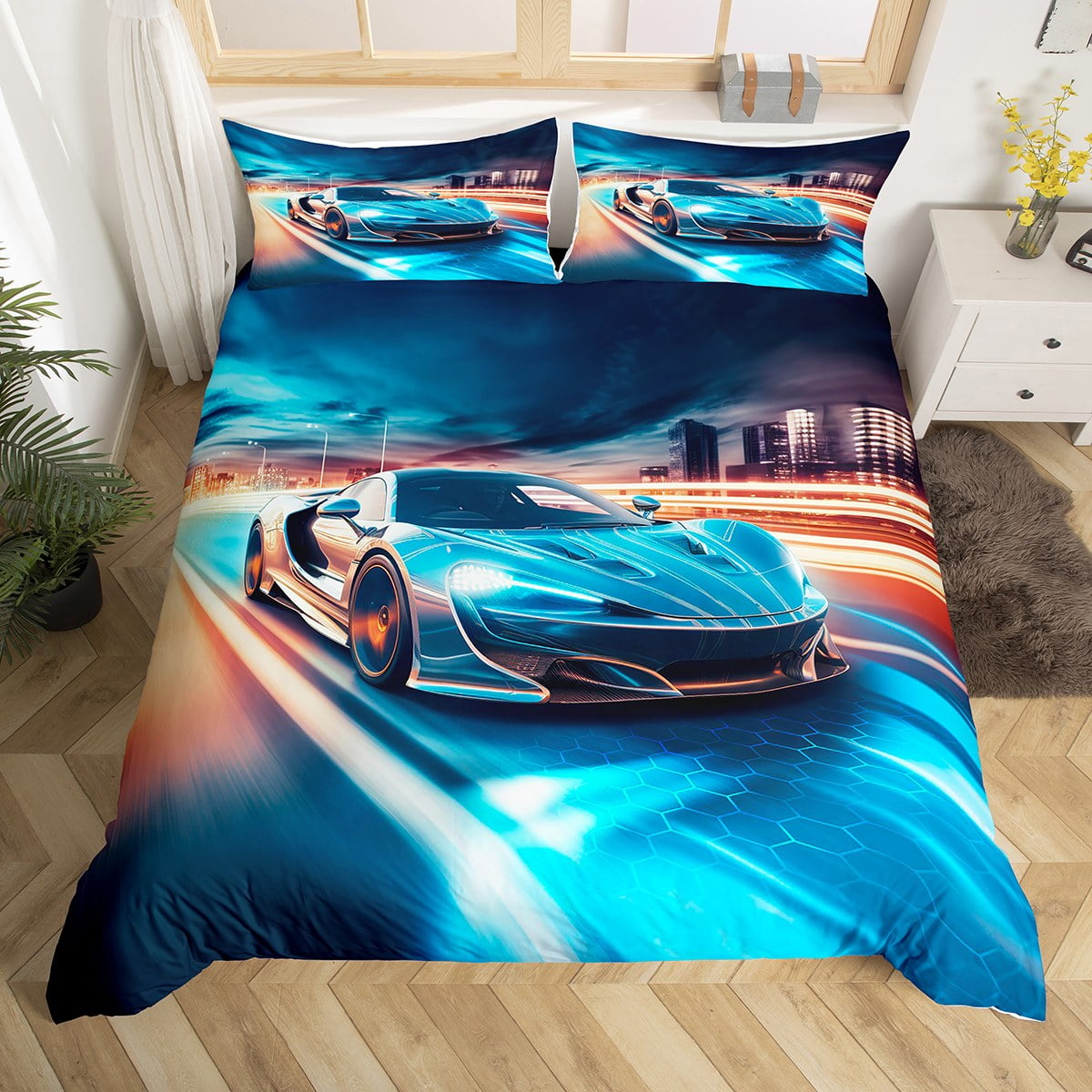 Race Car Comforter Cover Sports Car Bed Teens Racing Gifts Blue Cool ...