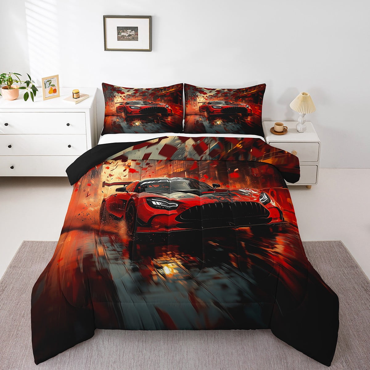 Race Car Comforter Set Twin Size,Red and Black Sports Car Bedding Set ...