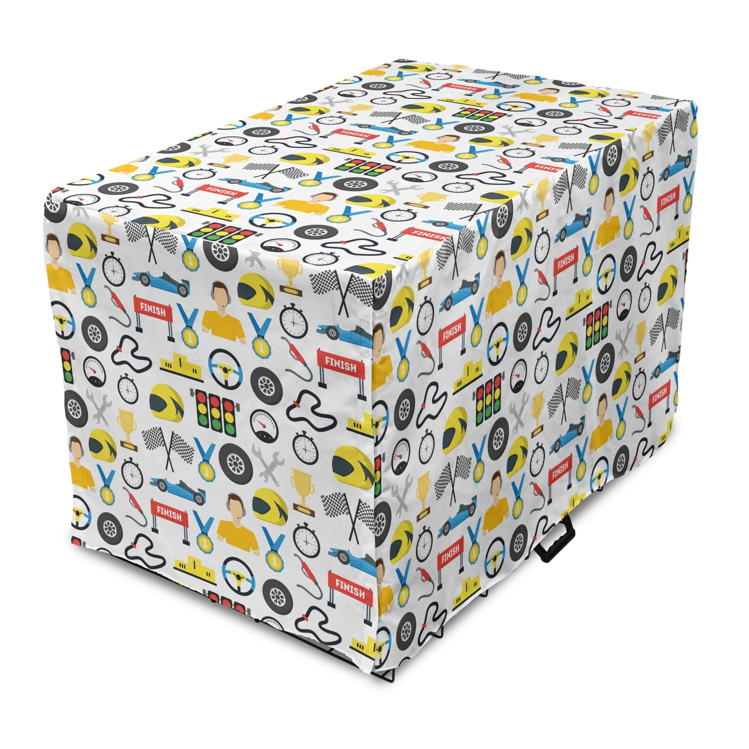 Race Car Dog Crate Cover, Cartoon Style Speedometer Flag Trophy ...
