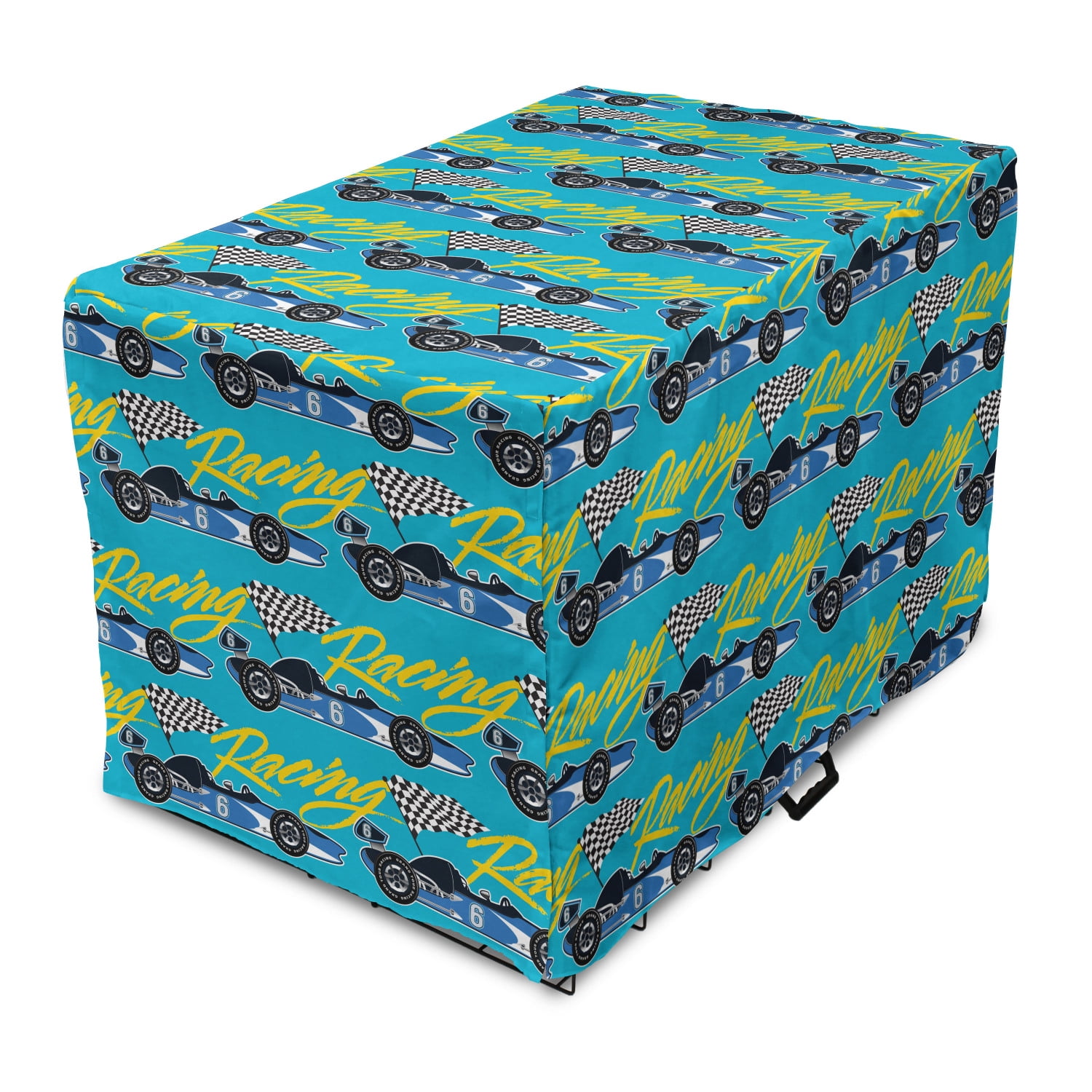Race Car Dog Crate Cover, Racing Cursive Calligraphy with Flags in ...