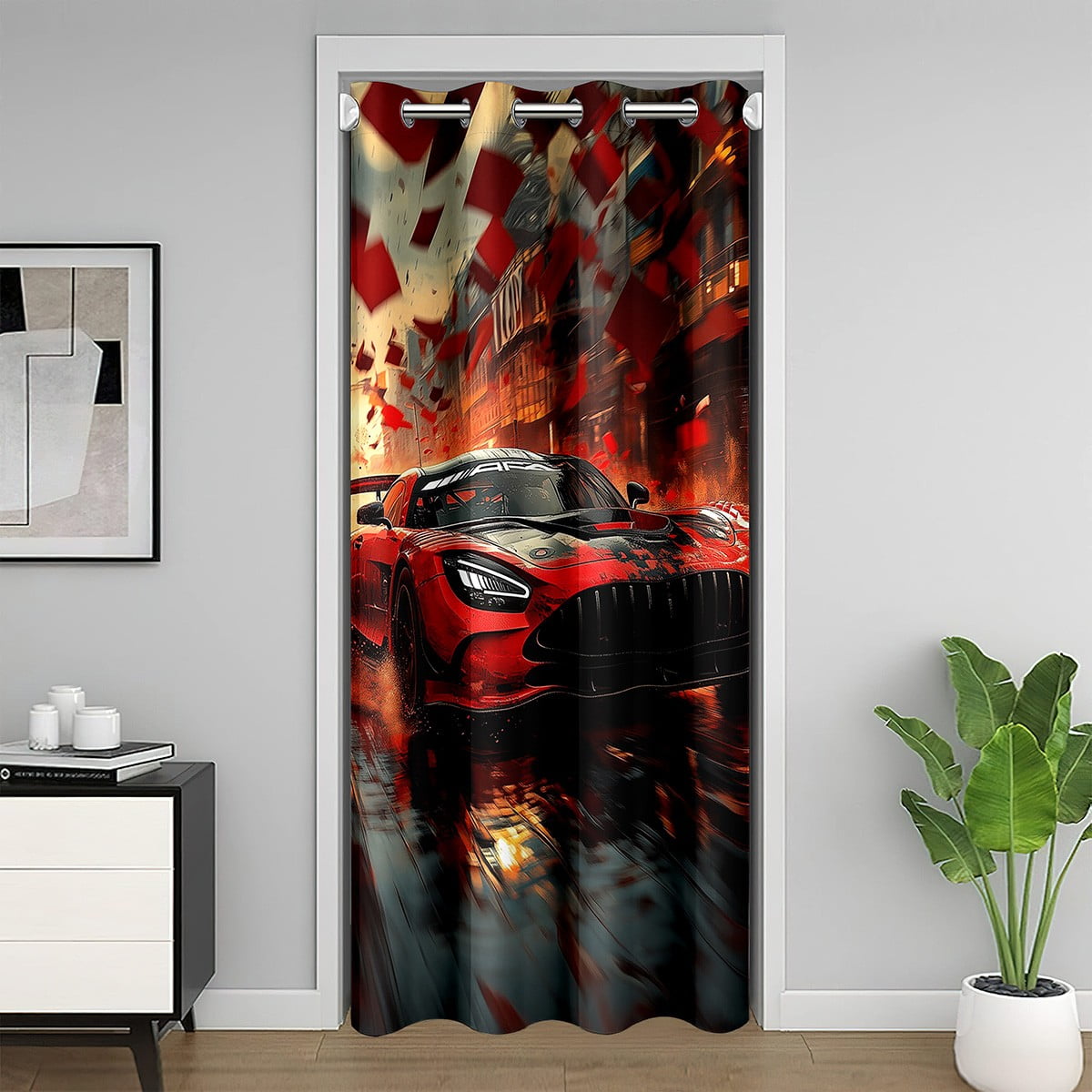Race Car Door Curtain For Doorway 52"W x 80"L,Red And Black Sports ...
