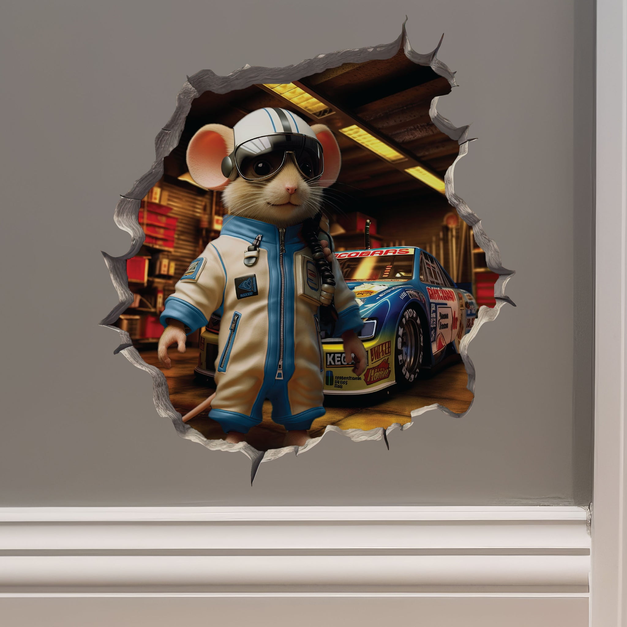 Race Car Driver Mouse in Mouse Hole Decal - Mouse Hole 3D Wall Sticker ...