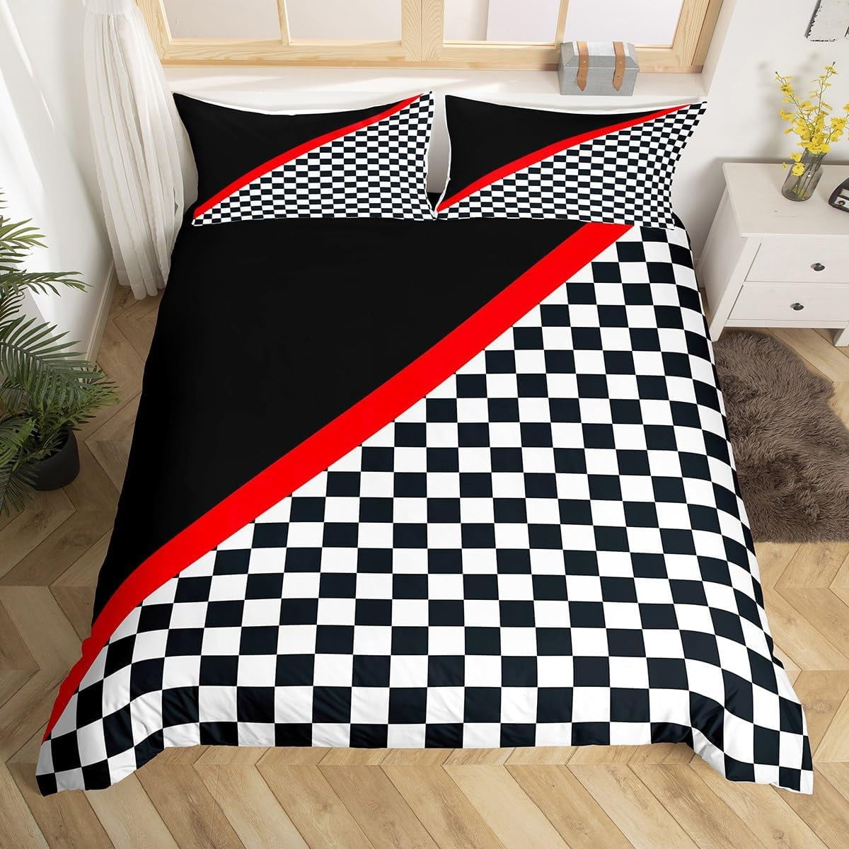 Race Car Duvet Cover Set 79x90 inch ,Black White Checkered Grid ...