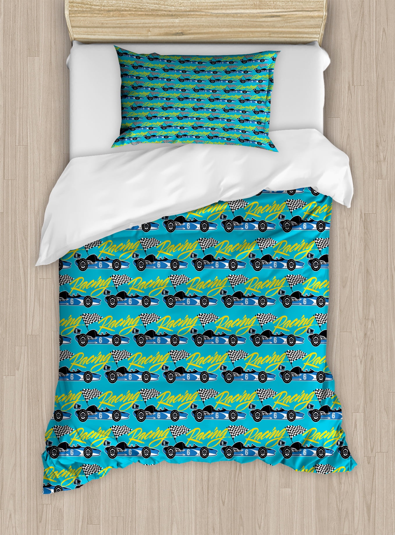 Race Car Duvet Cover Set, Racing Cursive Calligraphy with Flags in ...