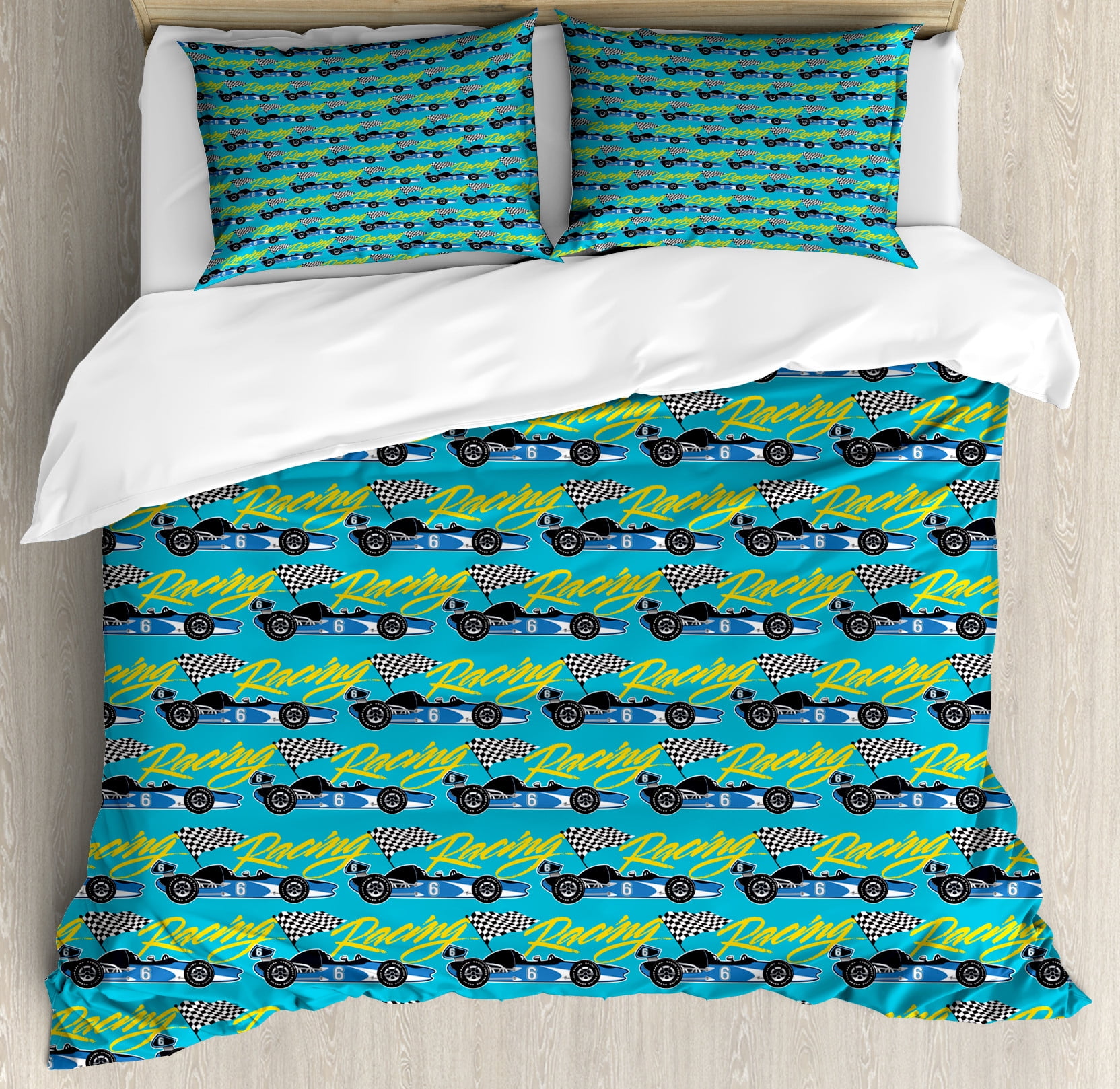 Race Car Duvet Cover Set, Racing Cursive Calligraphy with Flags in ...