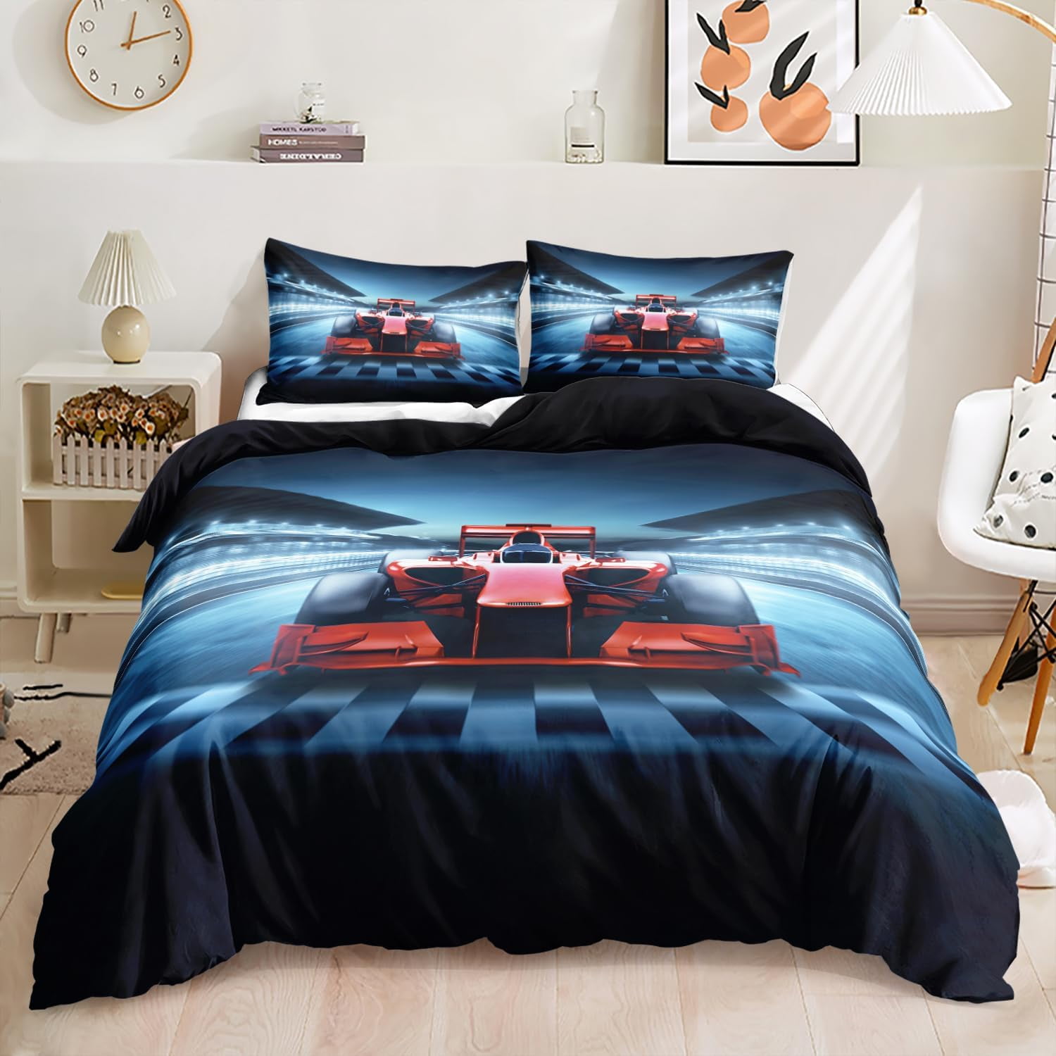 Race Car Duvet Cover Set, Red Racing Car Lattice Bedding Set for Kids ...