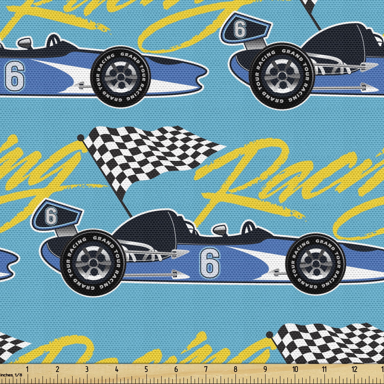 Race Car Fabric by the Yard, Racing Cursive Calligraphy with Flags in ...