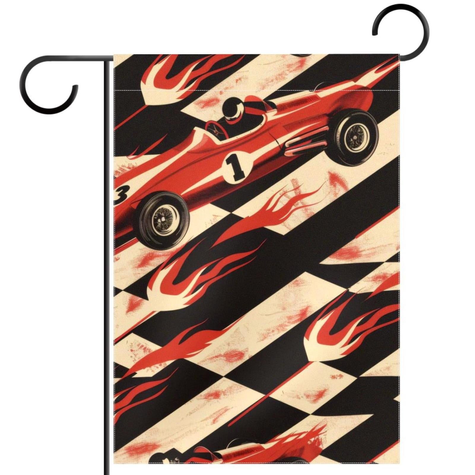 Race Car with Finish Line Flags Cute Pattern Garden Flag Double Sided ...