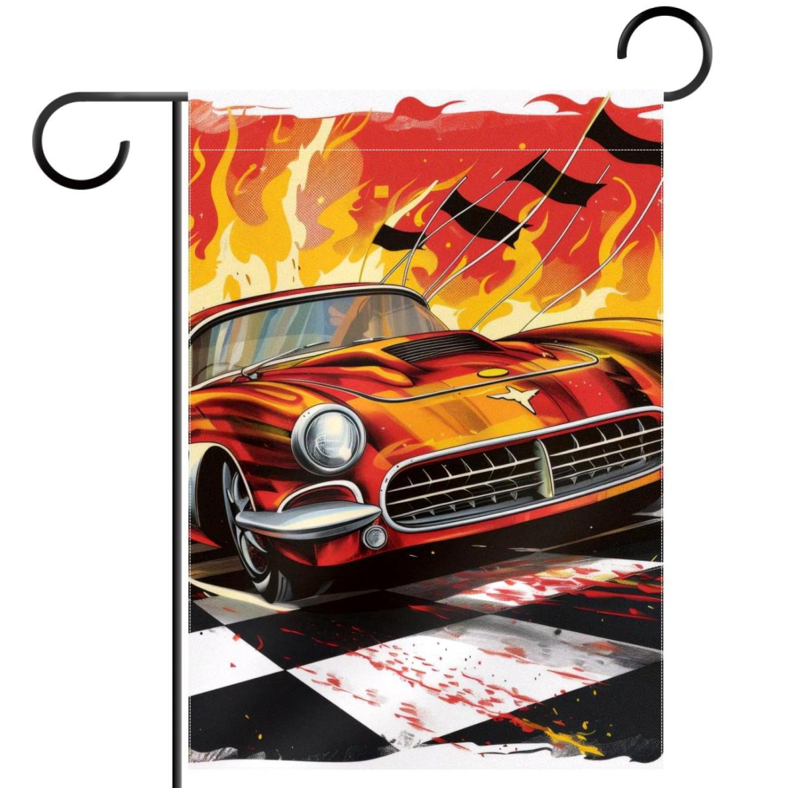 Race Car with Finish Line Flags Pilot and Flames Double Sided Garden ...