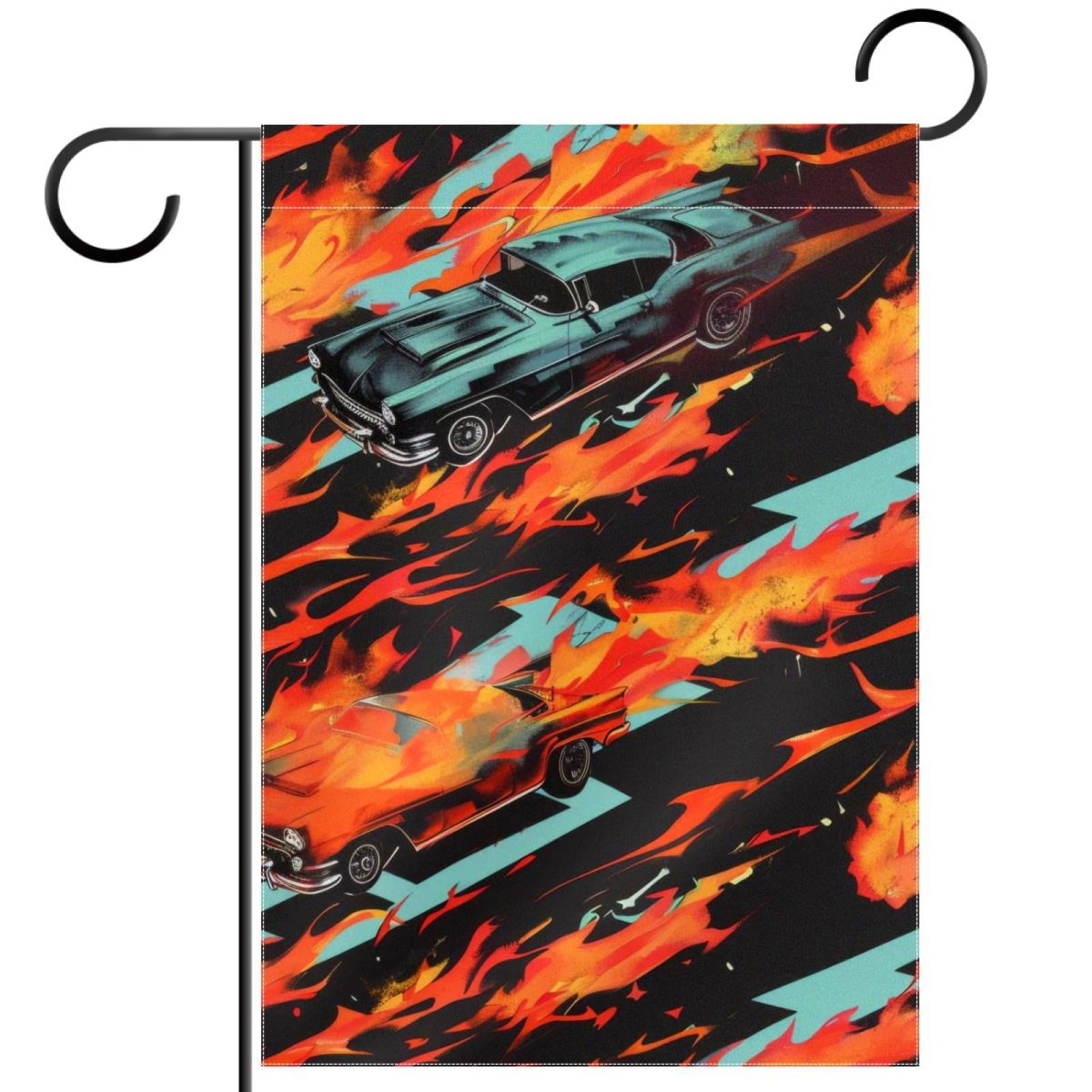 Race Car with Finish Line Flags Pilot and Flames Pattern Decorative ...