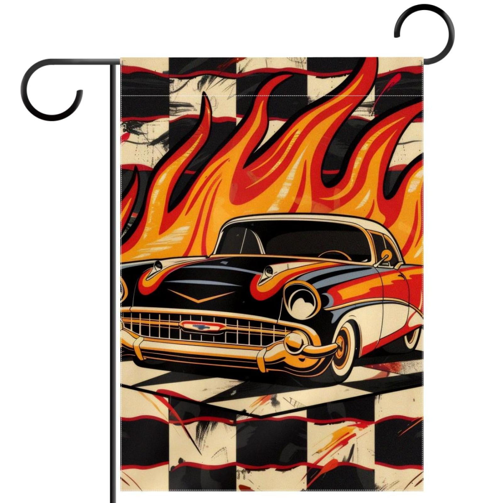 Race Car with Finish Line Flags Pilot and Flames Retro Garden Flag ...