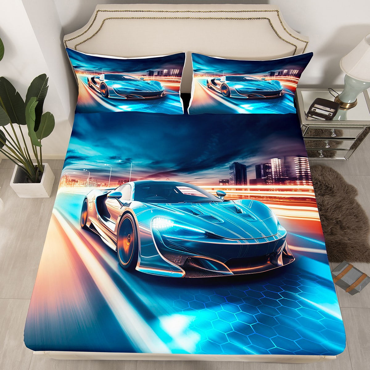 Race Car Fitted Sheet Sports Car Bed Teens Racing Gifts Blue Cool Car ...