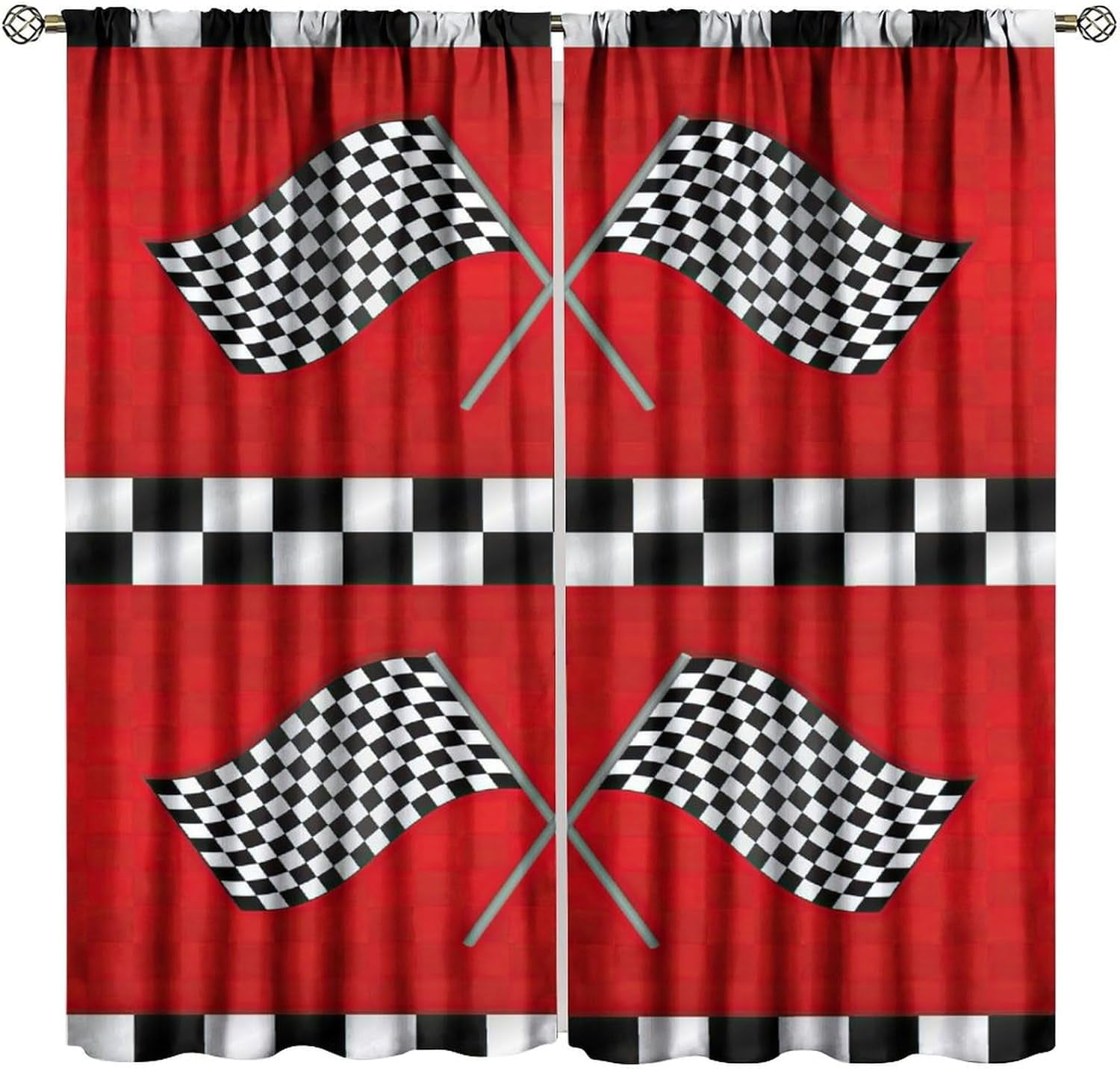 Race Car Flag Window Curtains, Black White Checked Crossed Racing Plaid ...
