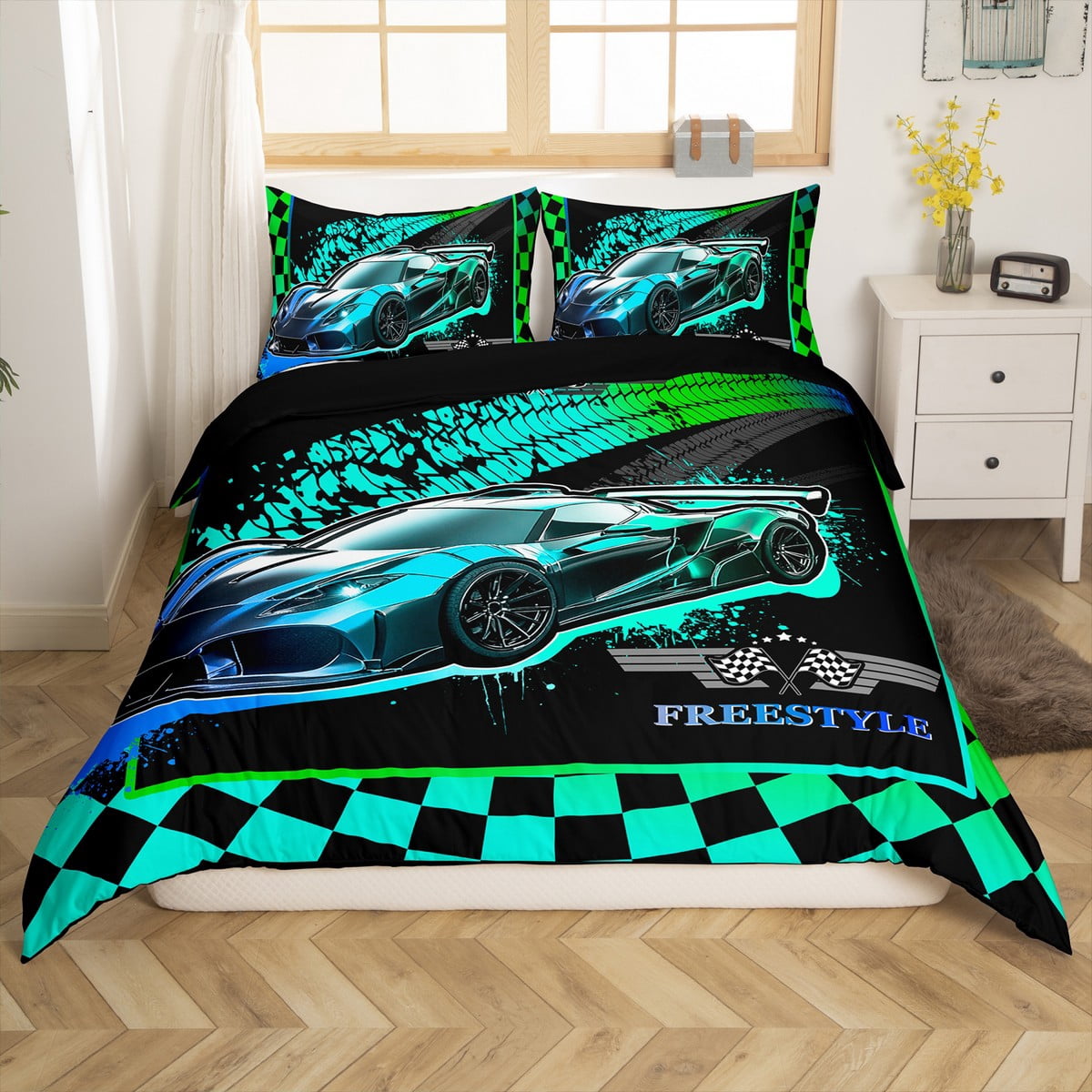 Race Car Full Bedding Sets Racing Car Comforter Cover Black Green Blue ...