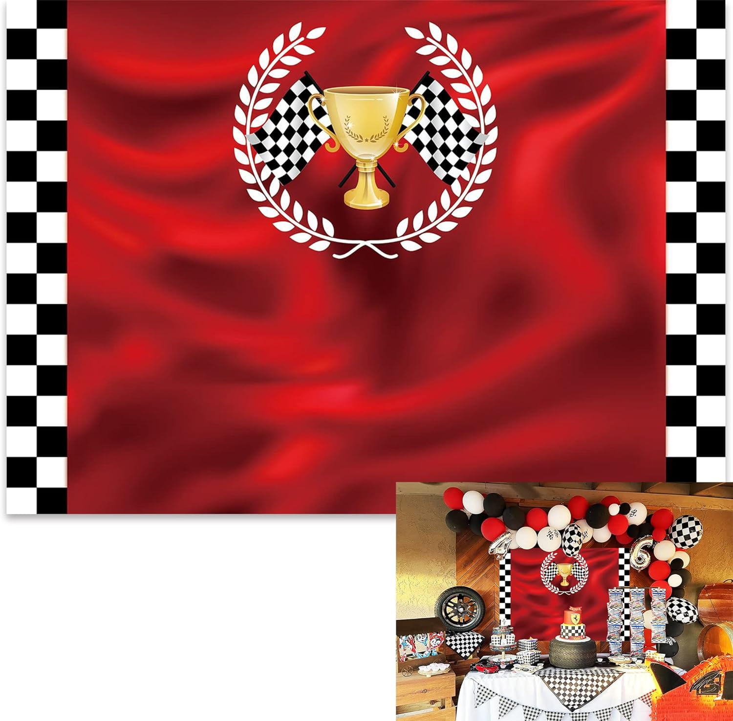 Race Car Photo Backdrop Red Checkered Cars Party Motorcycle Finish Line ...