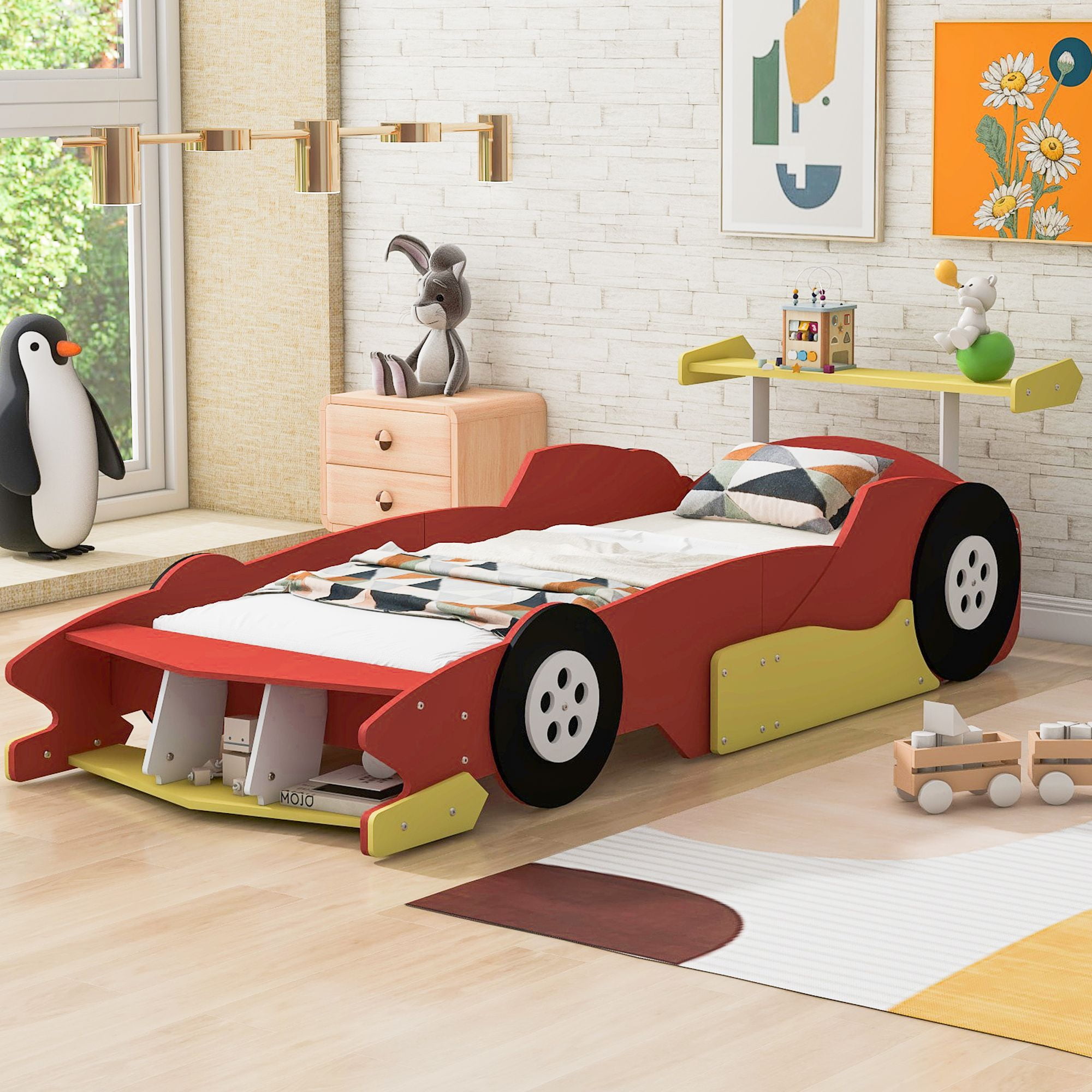 Race Car-Shaped Bed Mattress Foundation with Wheels, Bed Frame Storage ...