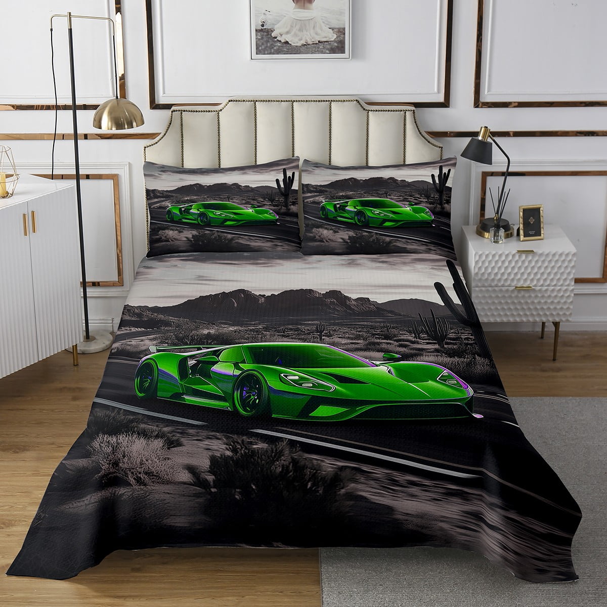 Race Car Twin Bedding Set,Black and Green Racing Car Quilt Set for Kids ...