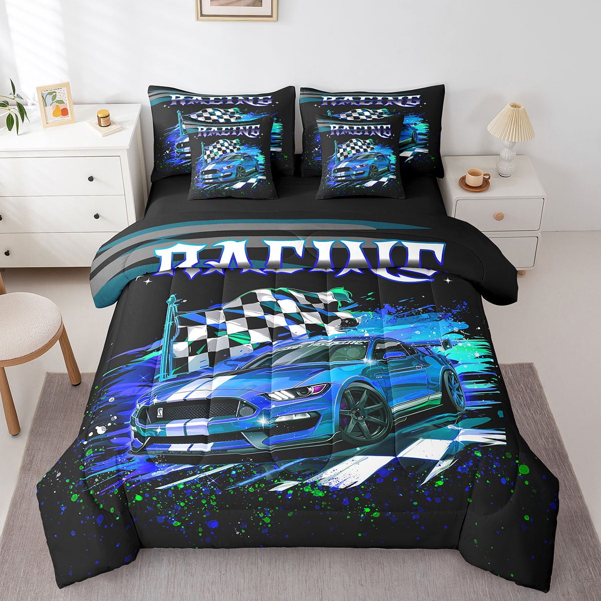 Race Car Twin Bedding Sets 7 Piece,Racing Car Comforter Set Black White ...