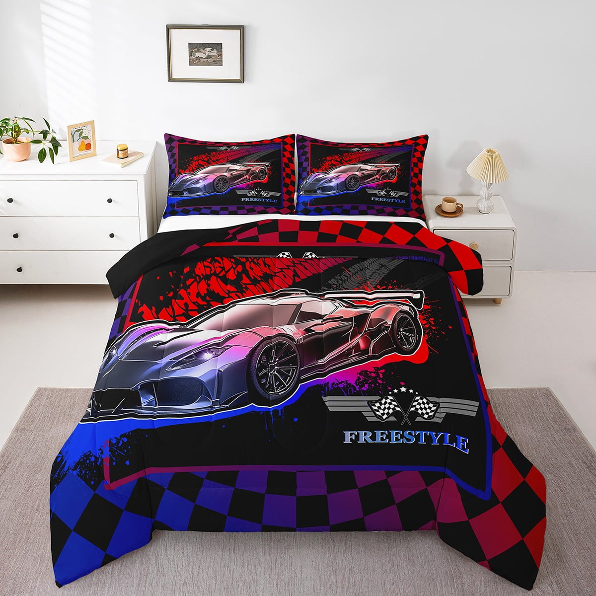Race Car Twin Comforter Set Racing Car Bedding Set Black Red Blue Ombre ...