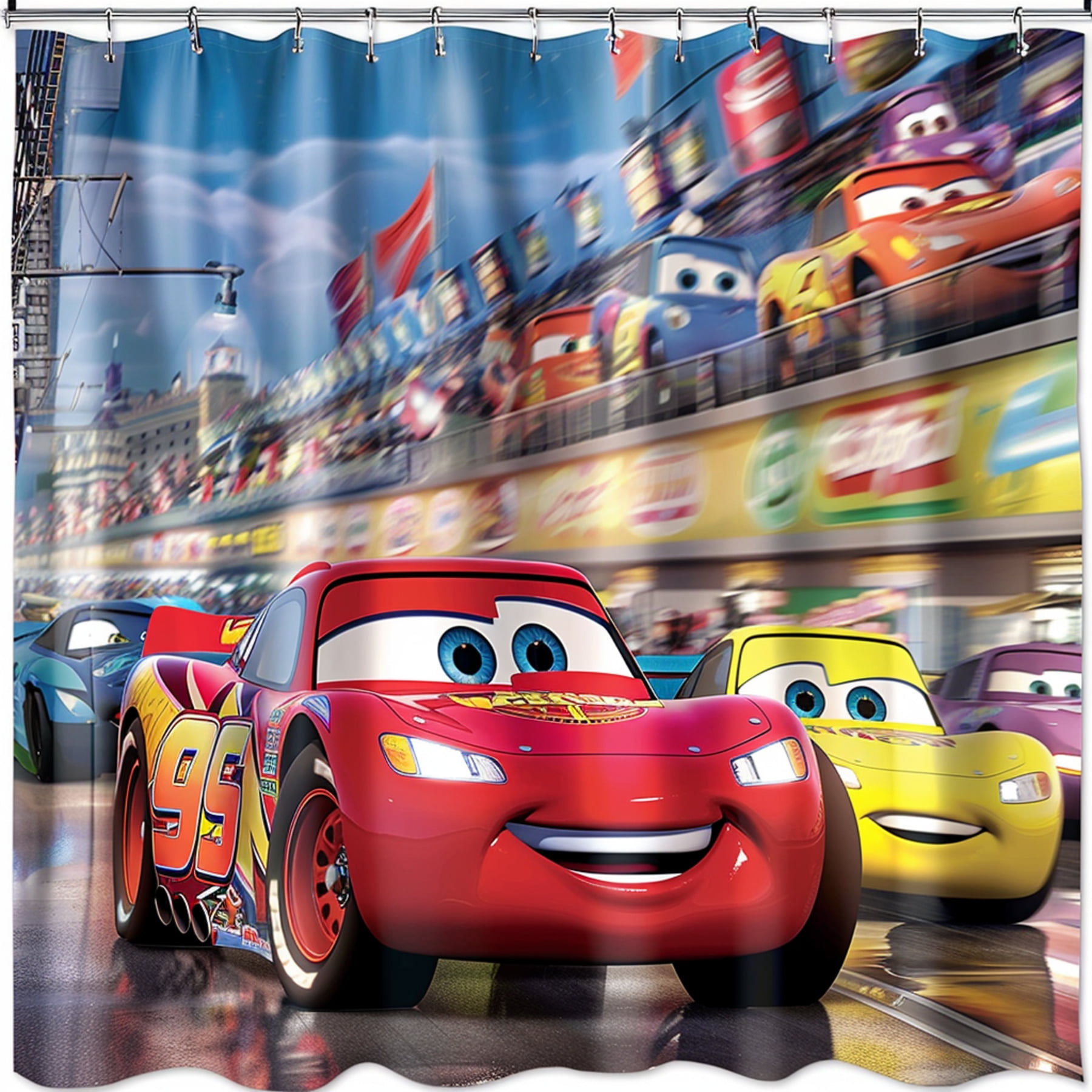 Race City Shower Curtain Cartoon Characters Lightning McQueen & Friends ...