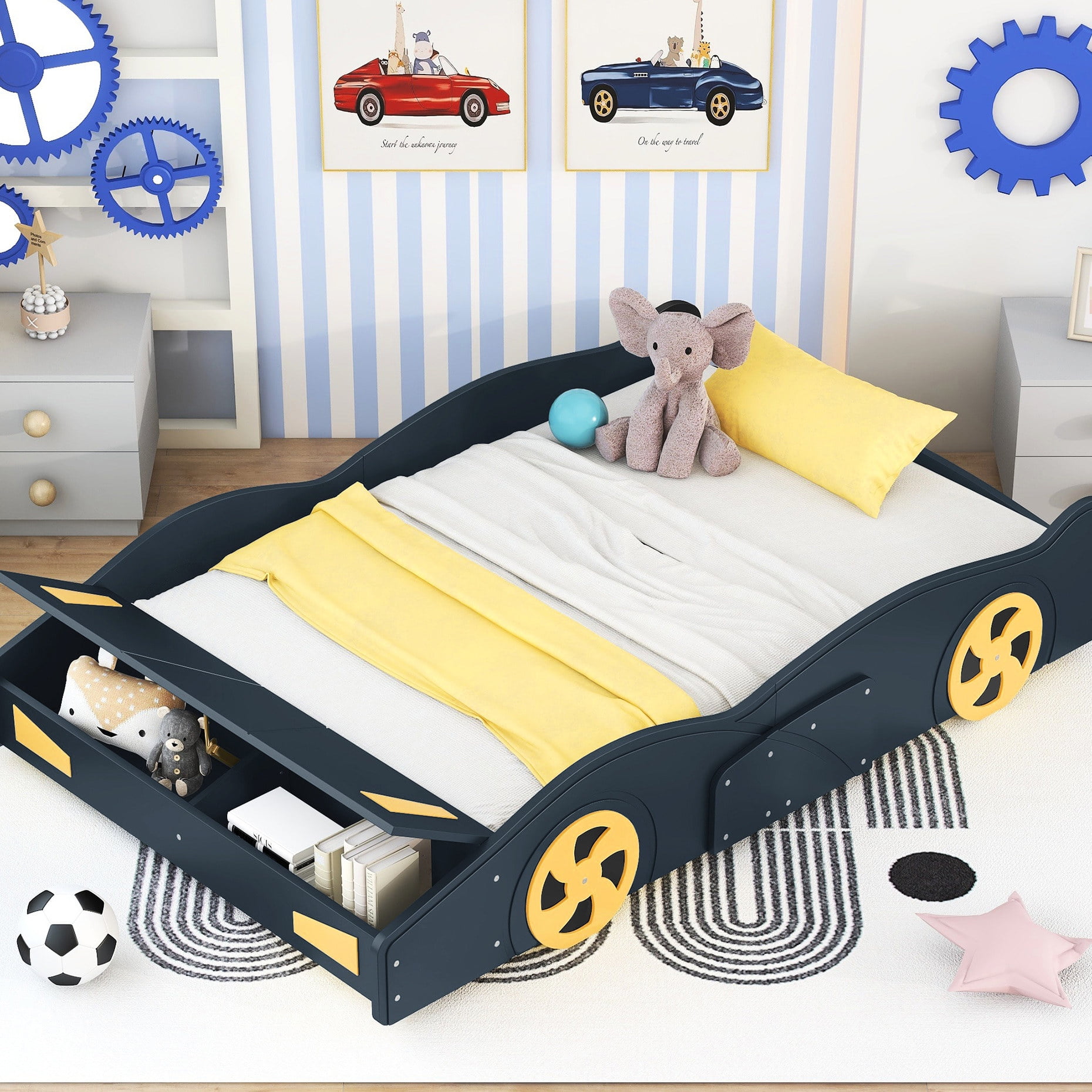 Race car-shaped full bed frame with storage for cozy bedroom living ...