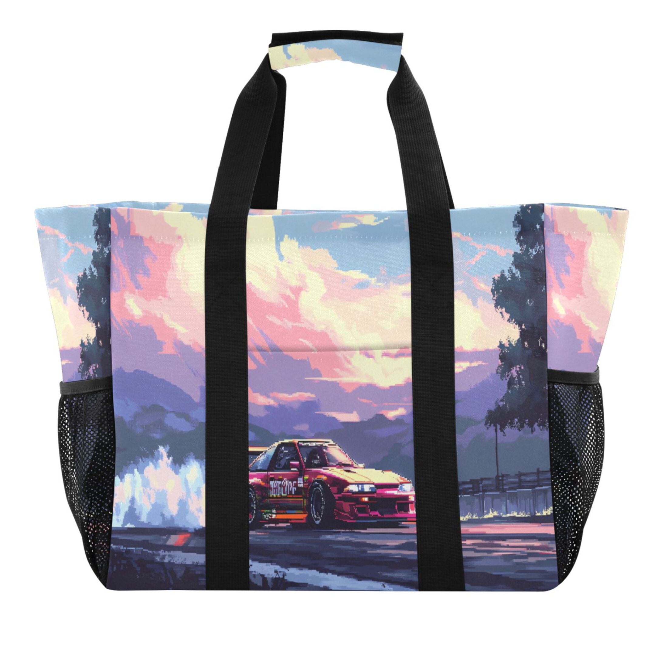 Racecar Drifting Reusable Grocery Bags with Handle Side Pocket ...